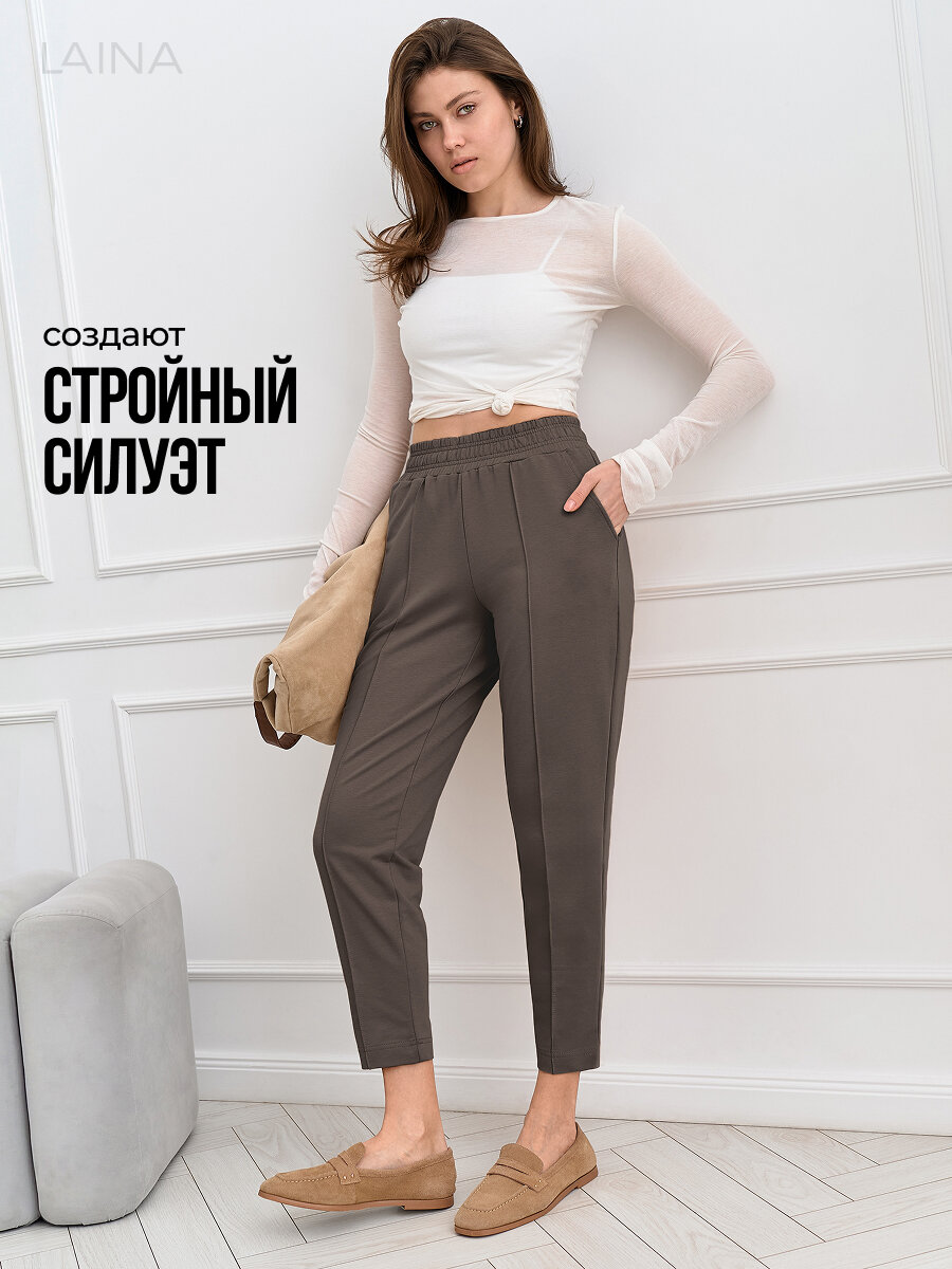 Брюки бананы Laina укороченные на резинке, размер 44, хаки — фото 1