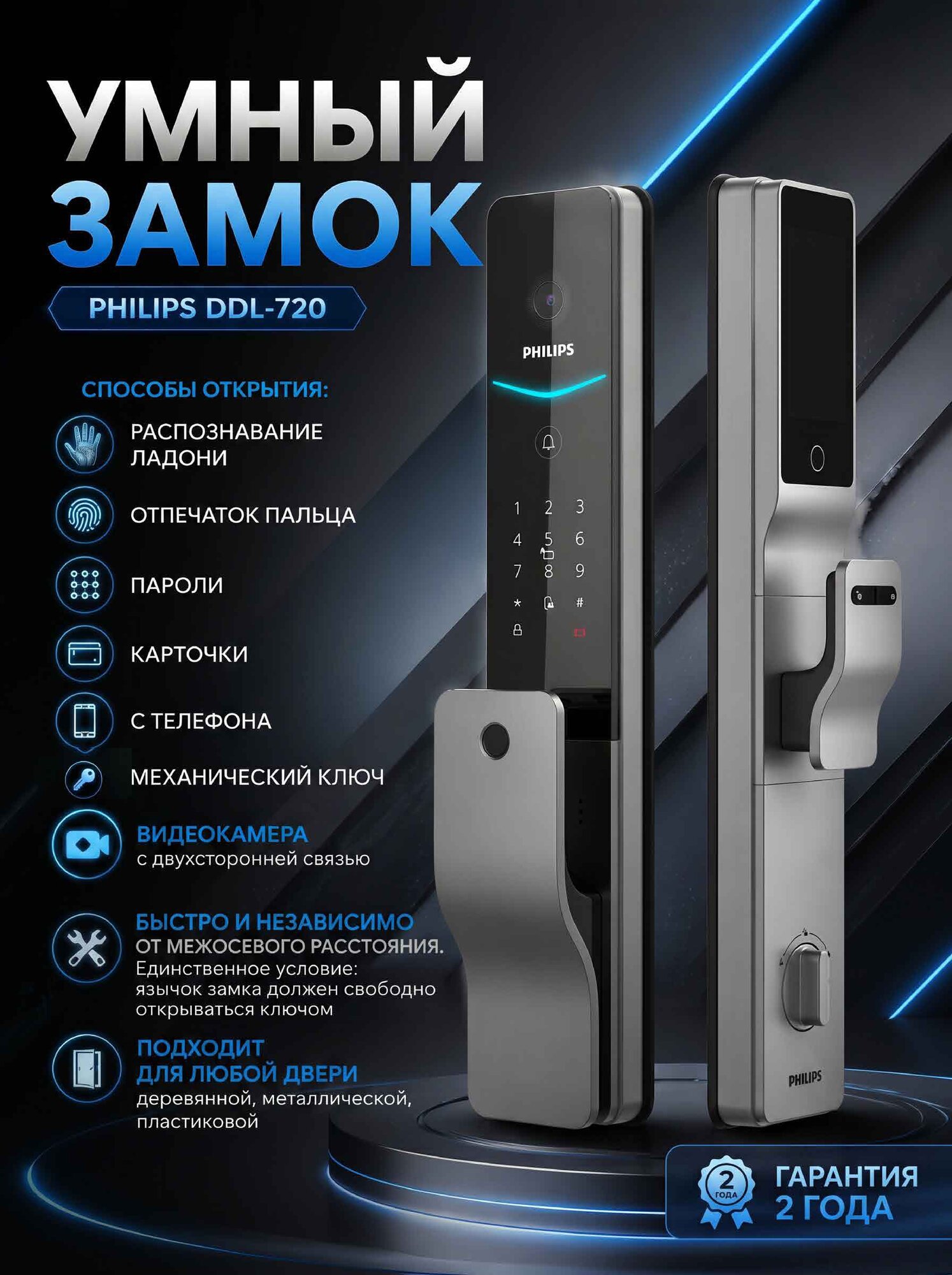 Электронный замок на дверь Philips Easykey DDL720-MVP, с распознаванием ладони и камерой