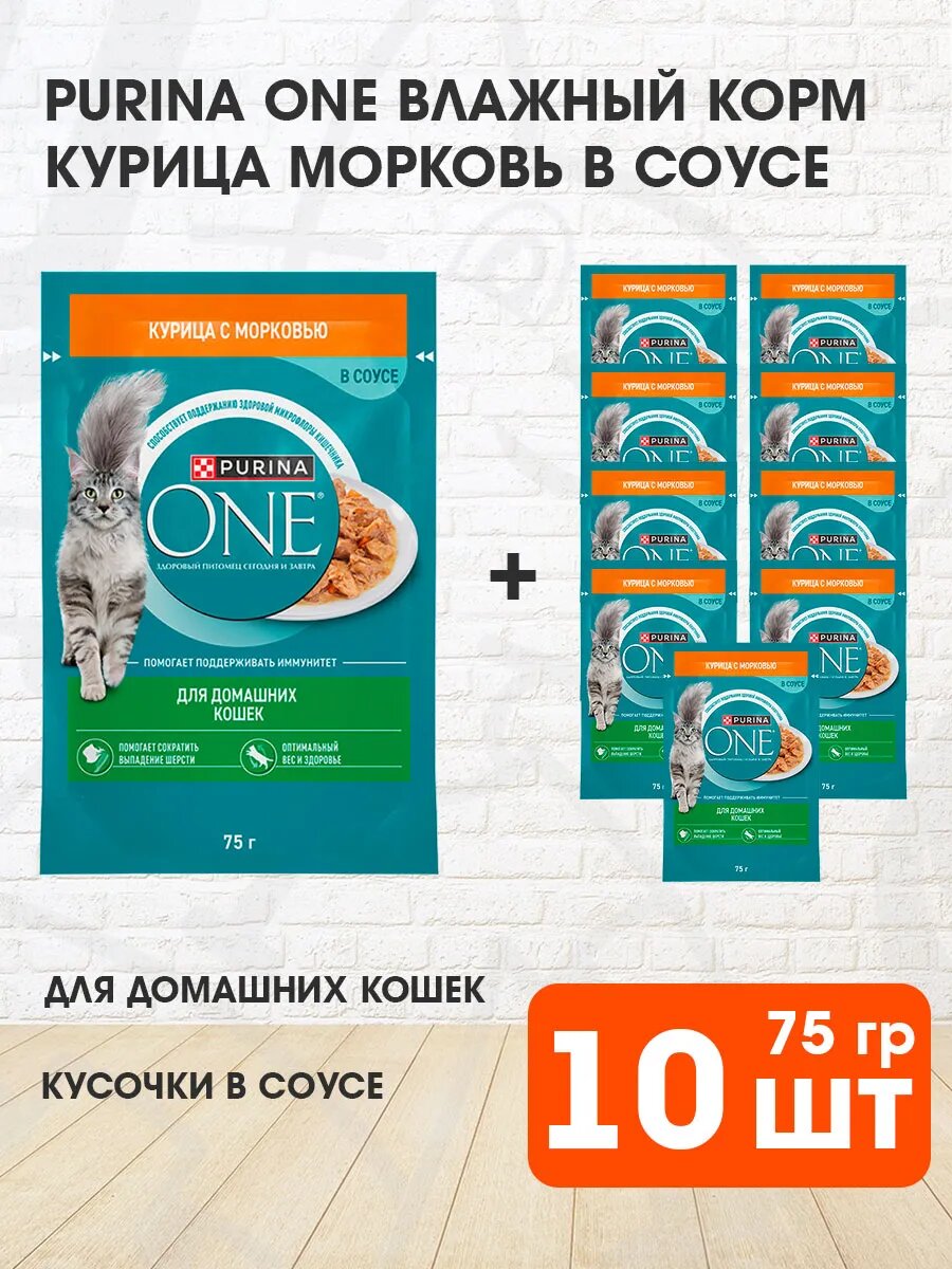 Корм влажный Purina One для взрослых кошек, живущих дома, курица и морковь в соусе, 75 г х 10 шт