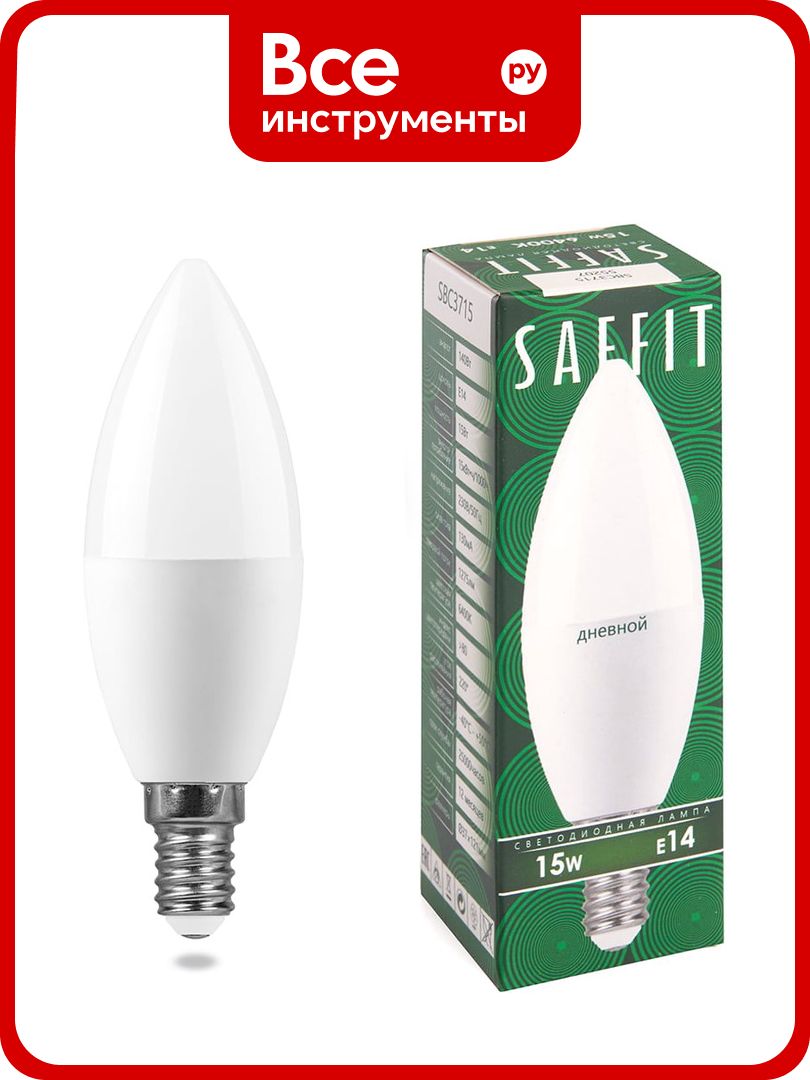 Светодиодная лампа SAFFIT SBC3715 Свеча E14 15W 6400K, 55207 холодный белый свет, матированная