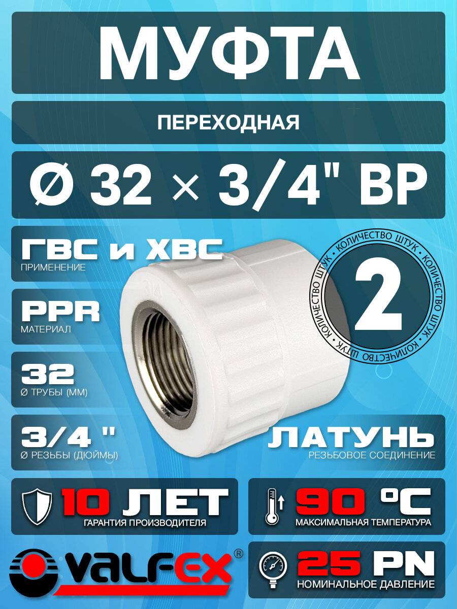 Муфта полипропиленовая переходная с внутренней резьбой 32x3/4" (2 шт)