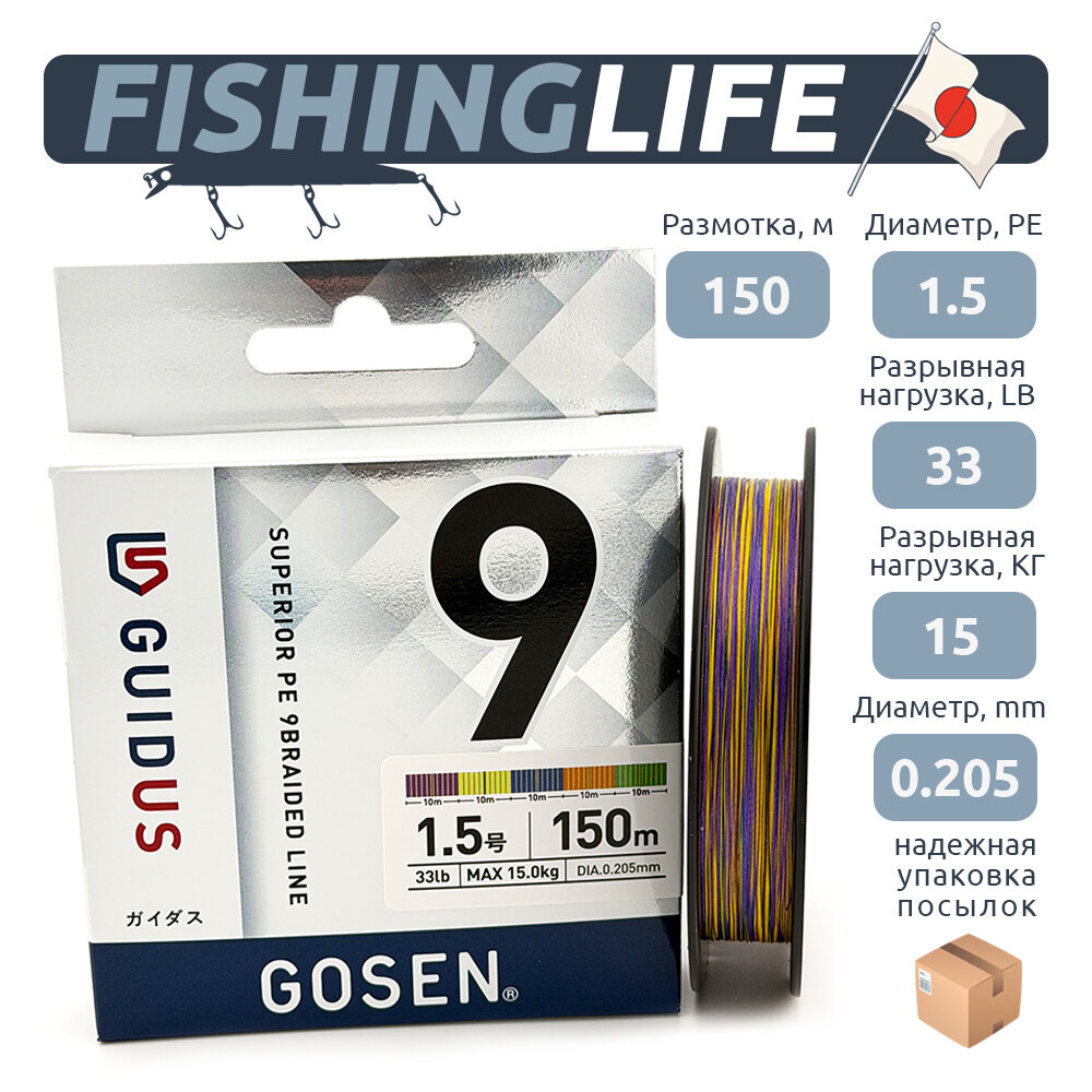 Плетеная леска (шнур) Gosen Guidus PE x9 150м мультиколор #1.5 0.205мм 33лб 15кг