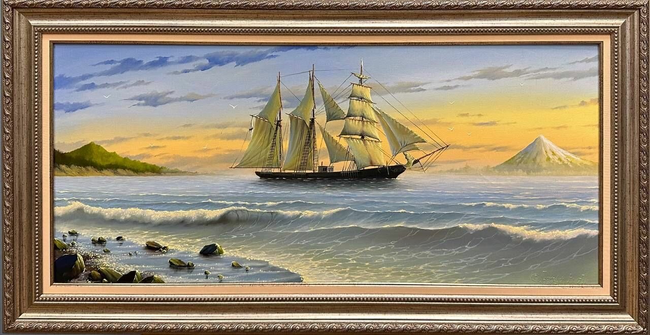 Картина маслом, морской пейзаж "Барк "Меньшиков". Холст/Масло. Размер 40х90. Автор Ленский В.