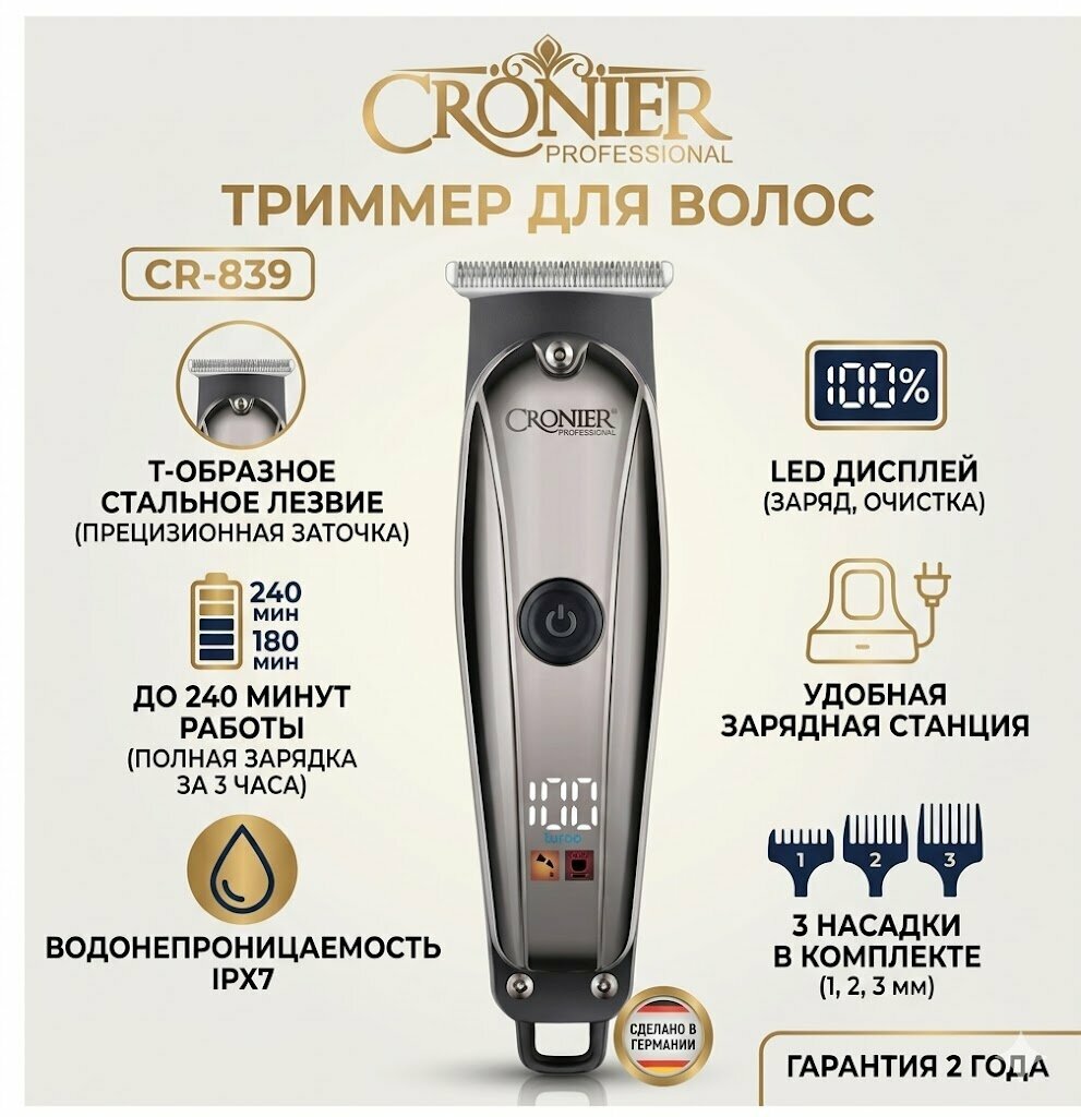 Профессиональный беспроводной триммер для стрижки волос и бороды VoltGrid CR-839 с LED-дисплеем