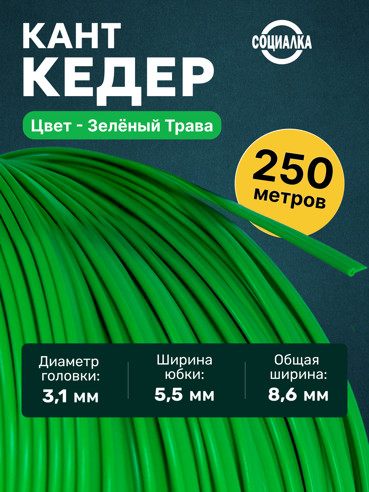 Кедер ( кант, жилка) для сумок, авточехлов и одежды, намотка 250м, трава/размер: ширина головки 3,1мм; длина юбки 5.5мм