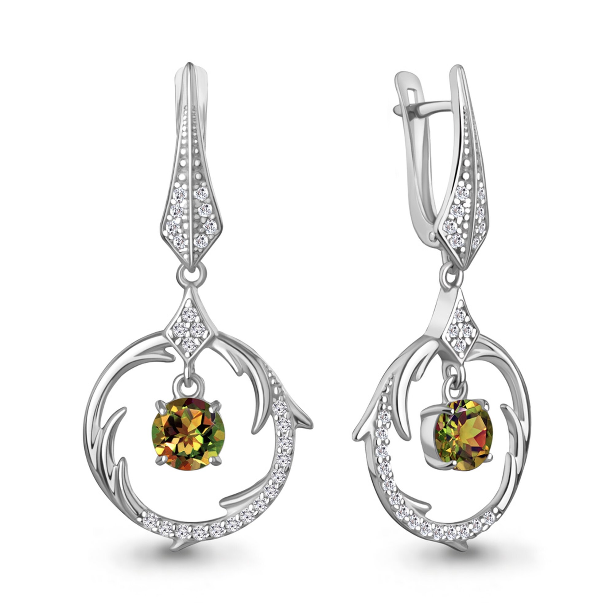 Серьги, серебро, 925 проба, родирование, фианит, султанит