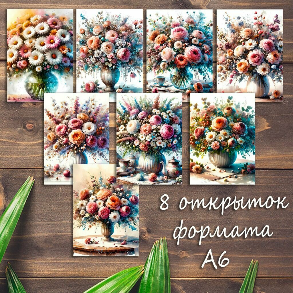 Большой набор открыток Цветы, 8 штук