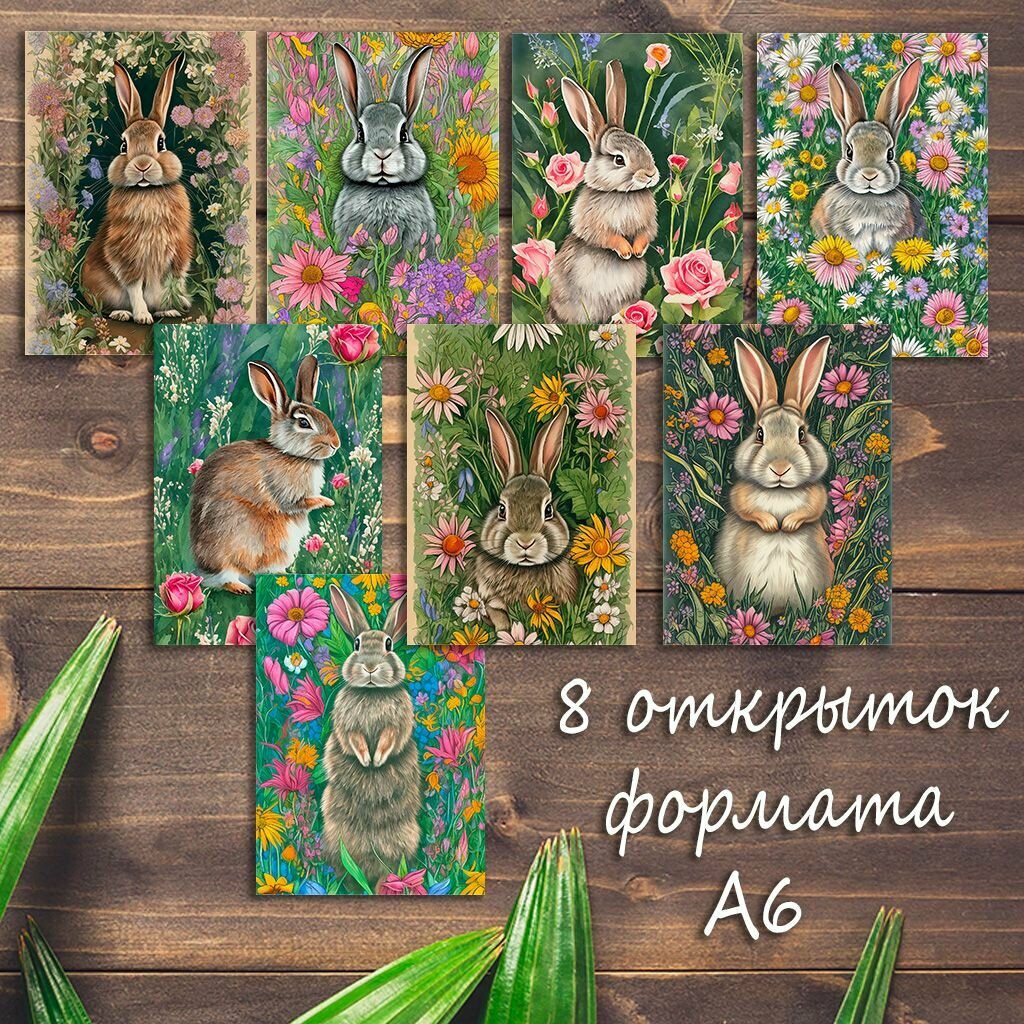 Большой набор открыток Зайка с цветами, 8 штук