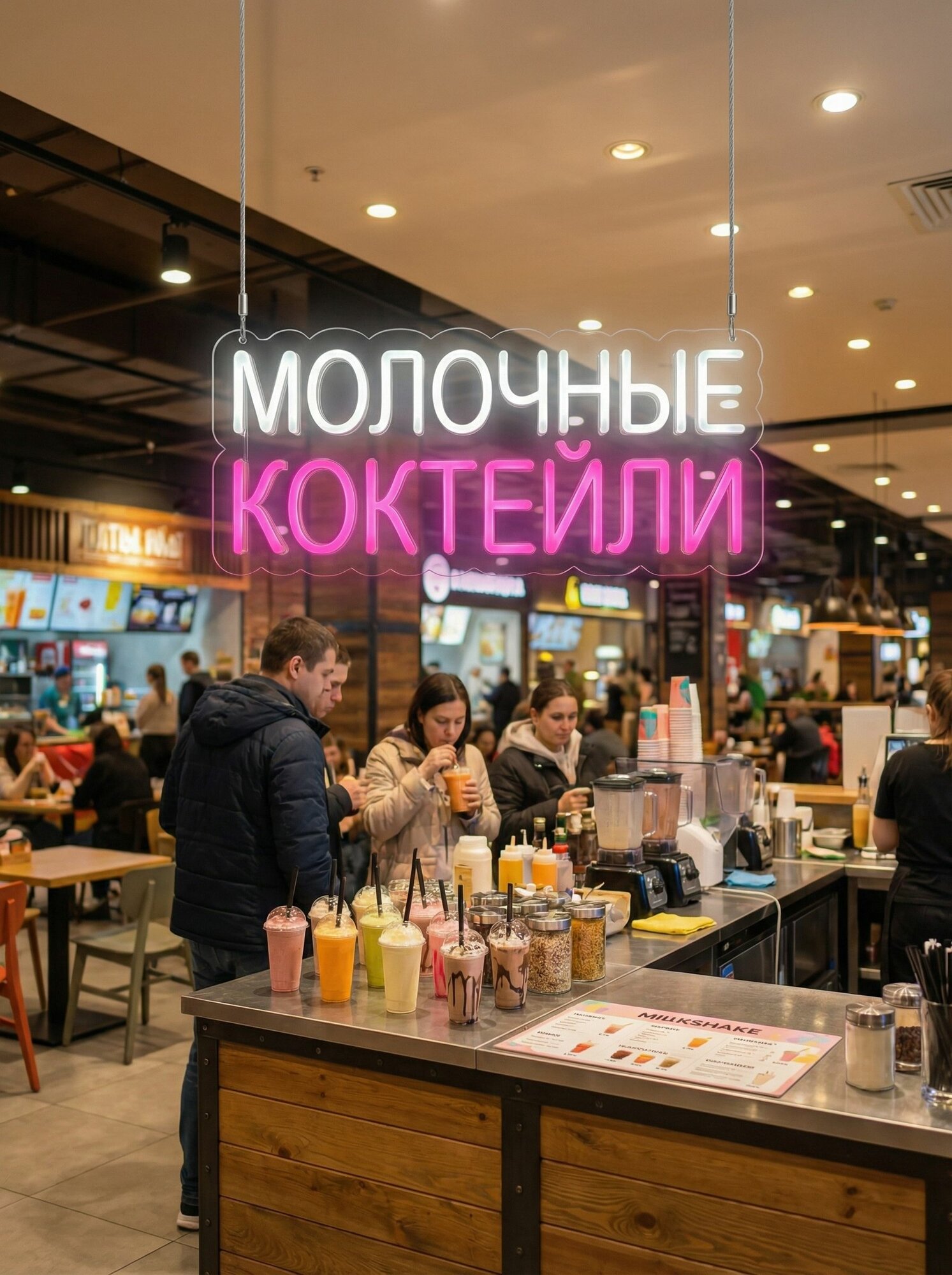 Неоновая вывеска "молочные коктейли" 70х32 см, неоновая надпись, LED светильник для кафе, пекарни, кофейни, фруктового бара