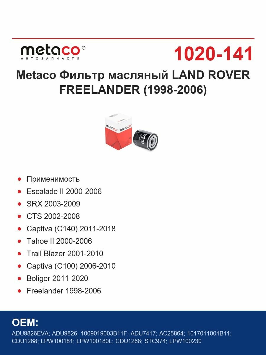 Metaco Фильтр масляный LAND ROVER FREELANDER (1998-2006)