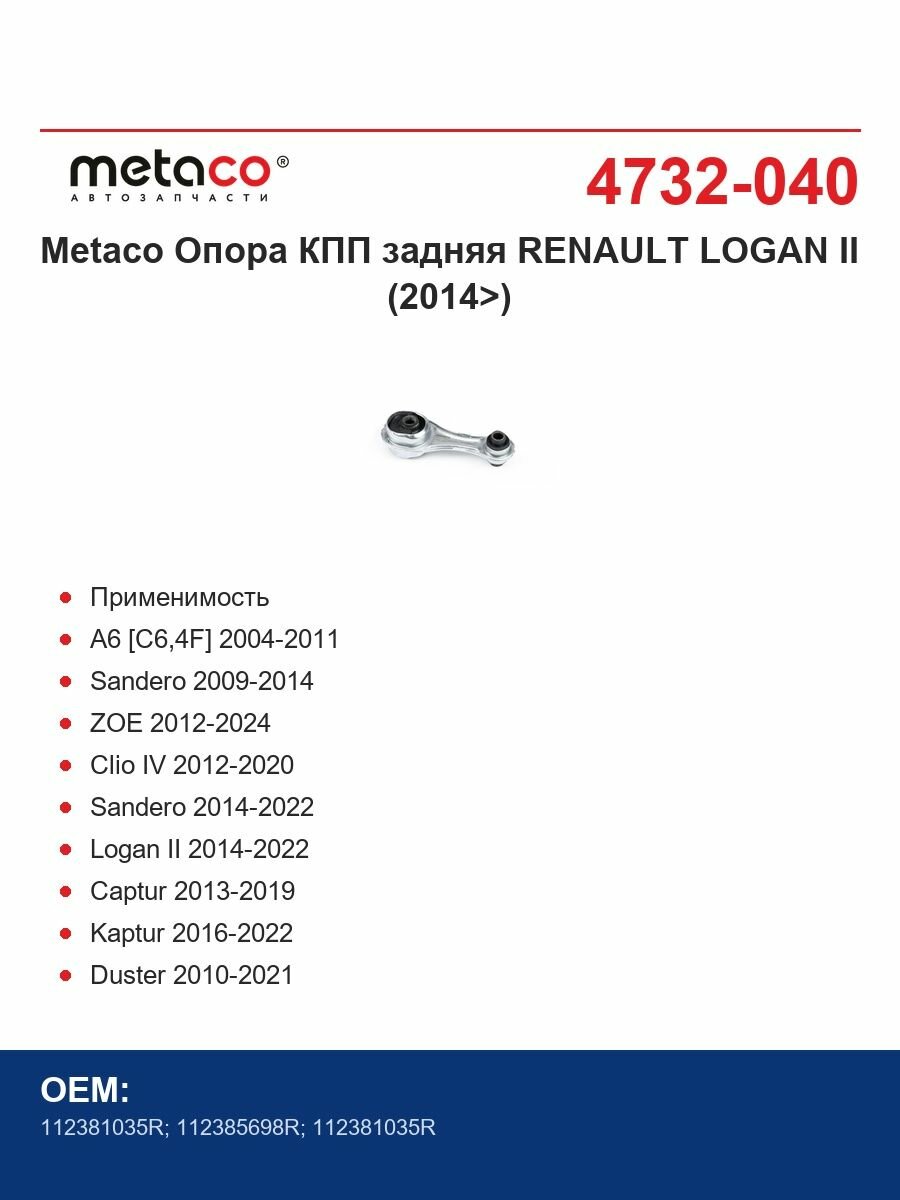 Metaco Опора КПП задняя RENAULT LOGAN II (2014>)