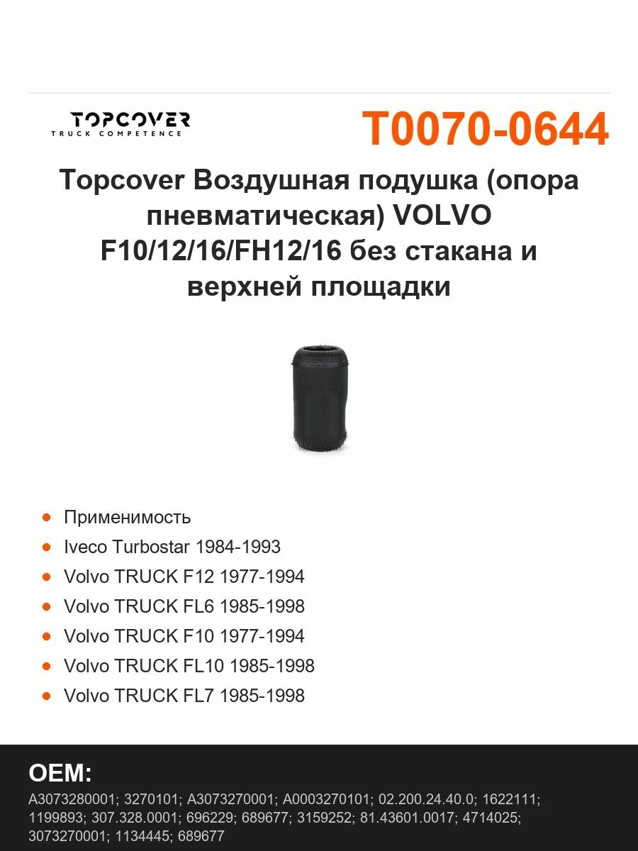 Topcover Воздушная подушка (опора пневматическая) VOLVO F10/12/16/FH12/16 без стакана и верхней площадки
