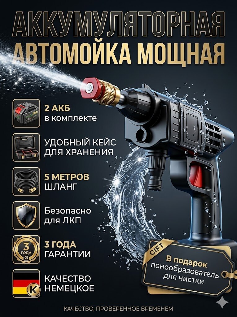Мойка высокого давления аккумуляторная для автомобиля, Автомойка, в кейсе 2 аккумулятора, 3 насадки