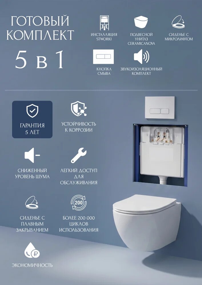 Комплект 5 в 1 Унитаз подвесной Ceramicanova Мия (Mia) CN1805 / Инсталляция с кнопкой STWORKI Кронборг S28500WH / Крышка-сиденье, Комплект шумоизоляции