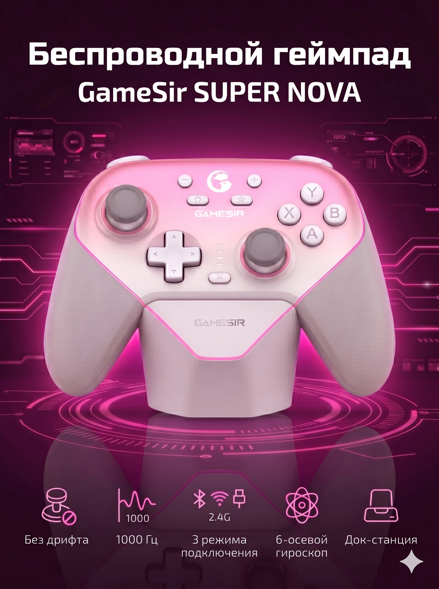 Беспроводной геймпад GameSir Super Nova, три режима подключения, белый, розовый