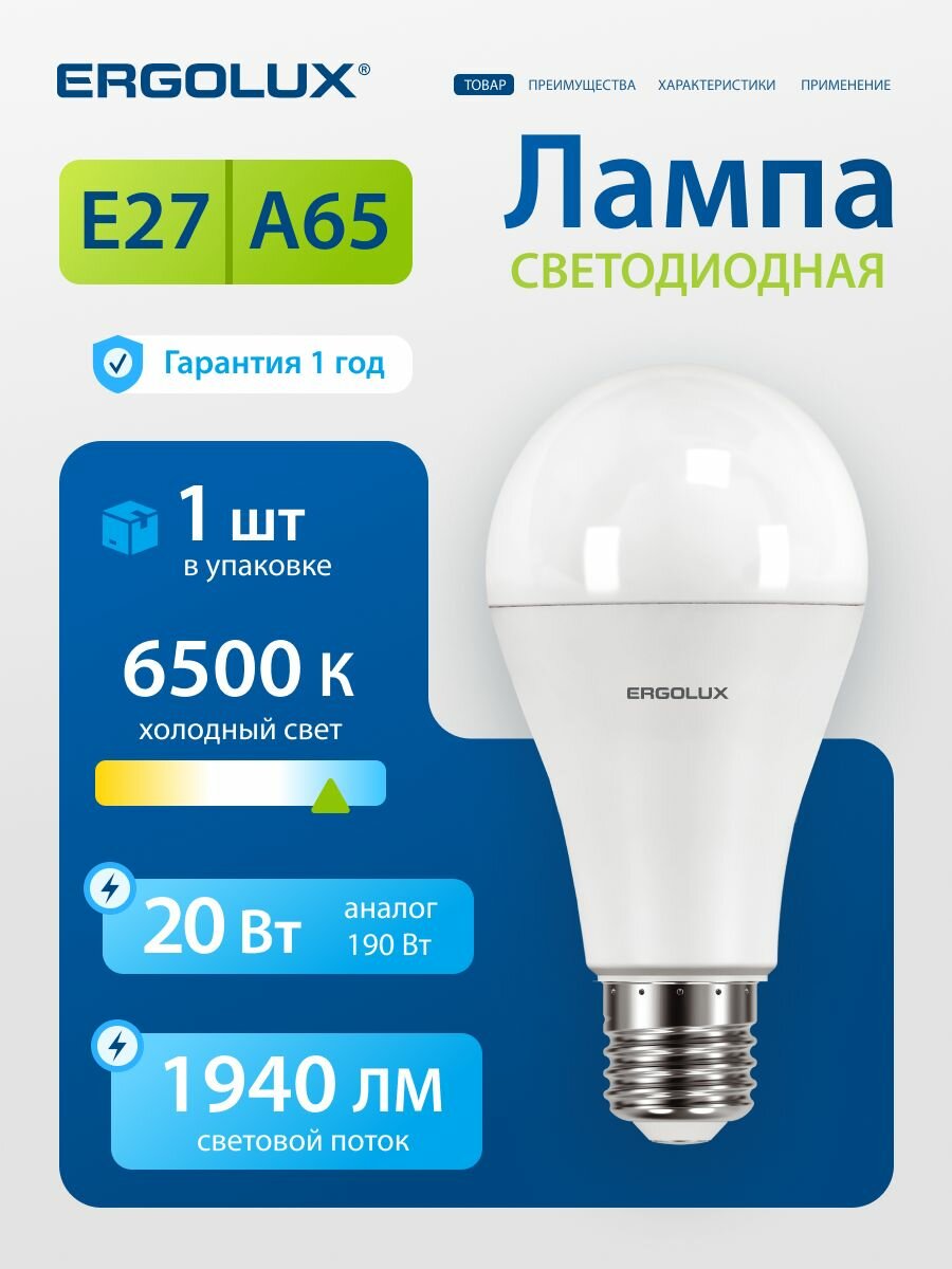 Лампочка светодиодная E27 20 Вт Ergolux, дневной белый свет, 1 шт