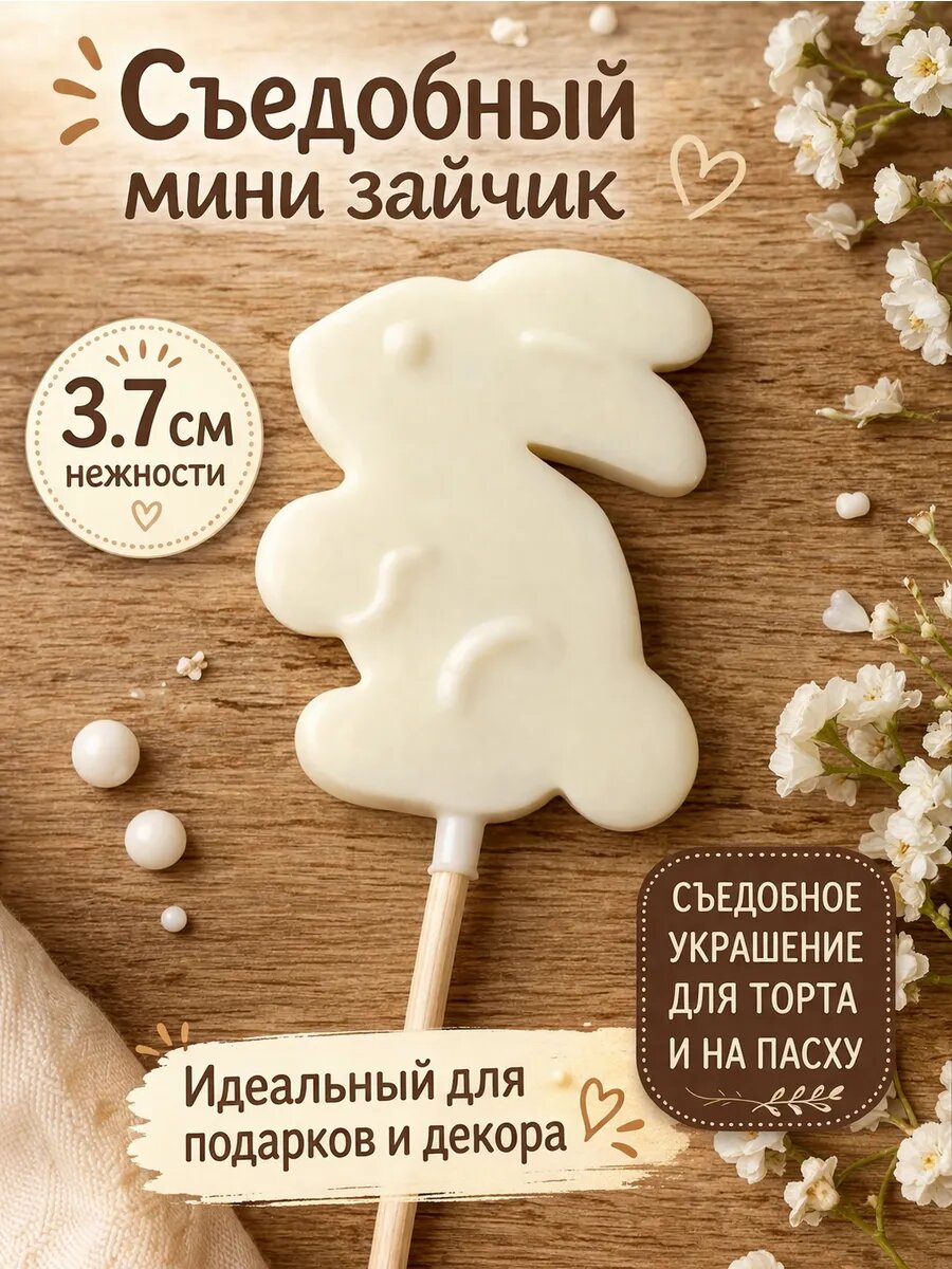Топпер "Зайчик" для торта, глазурь, съедобный, белый, высота 3,7 см, 3 шт