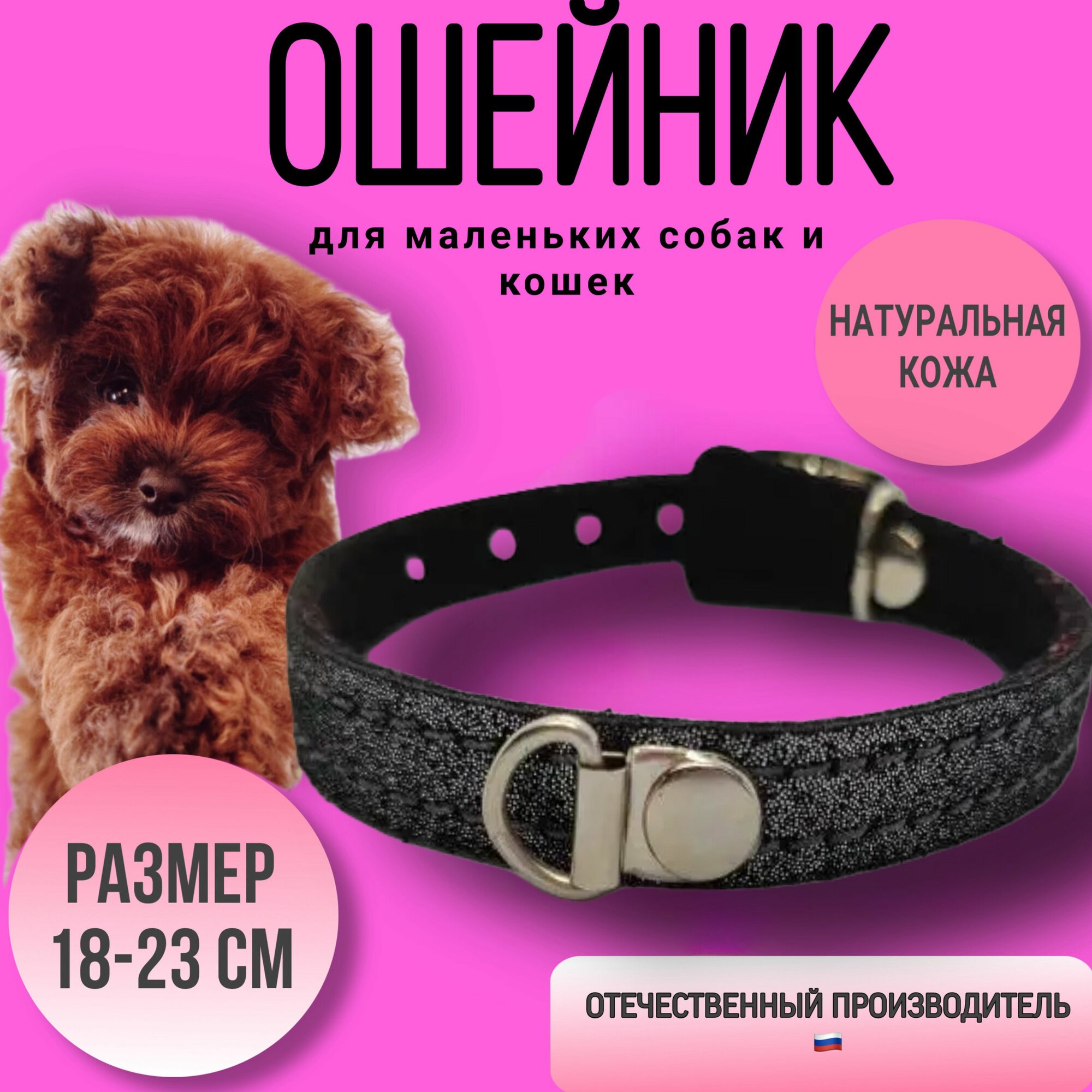 Ошейник для кошек, котят и собак мелких пород, натуральная кожа, обхват шеи 18-23см