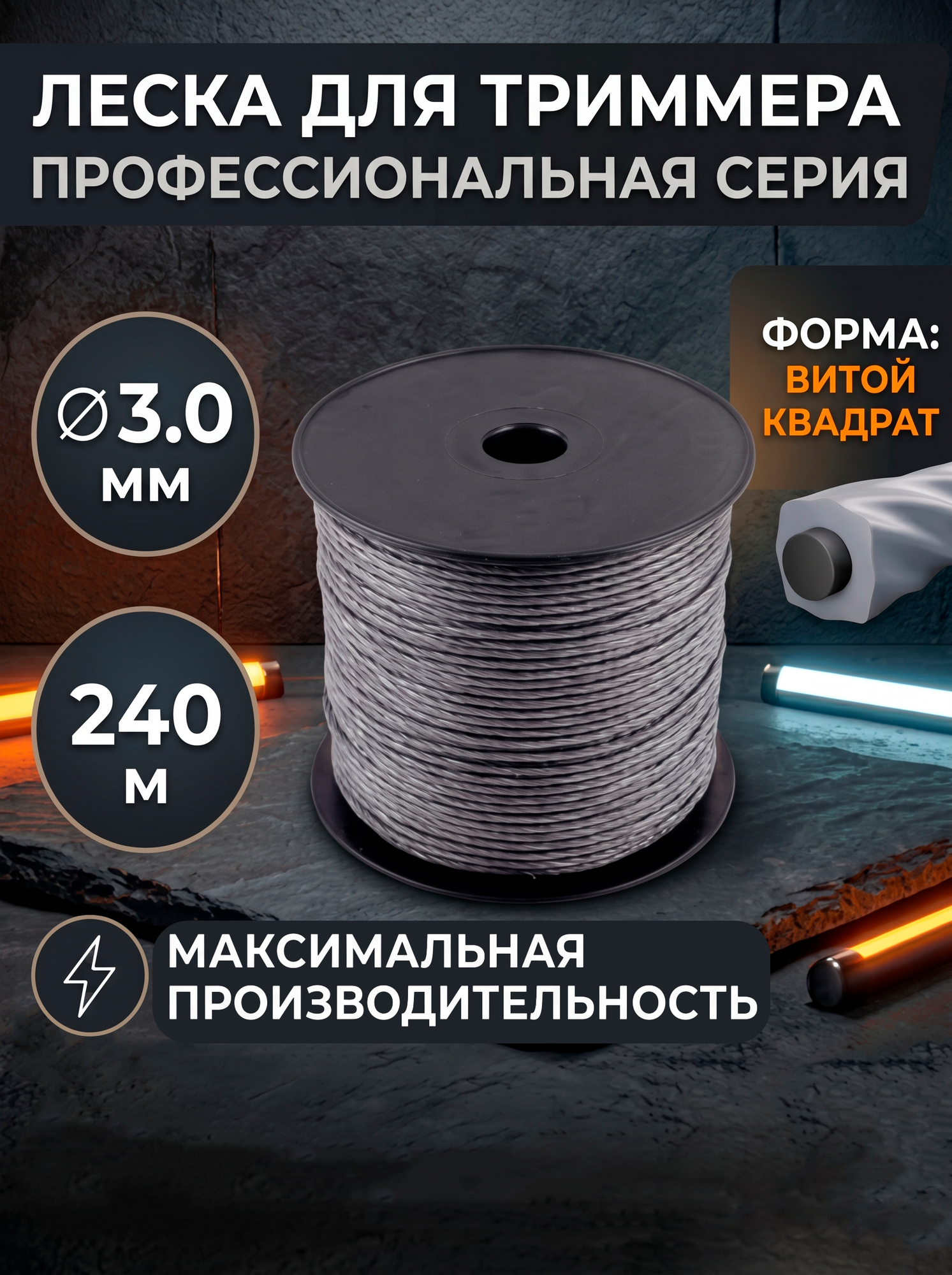 Леска для триммера 3 мм (240 метров) витой квадрат с жилой