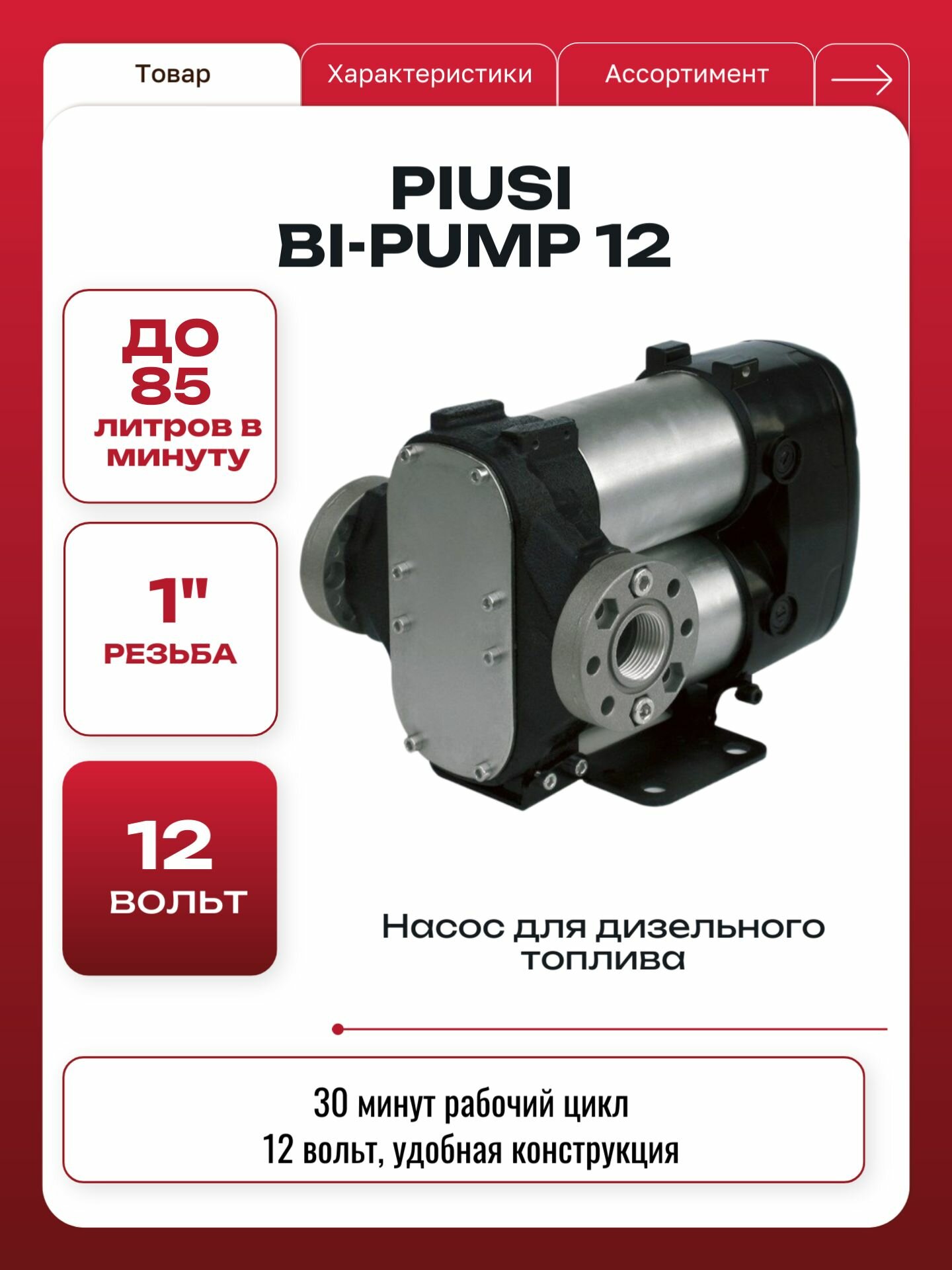 Насос для перекачки топлива Bi-Pump 12V (дизель, 85 л/мин) PIUSI