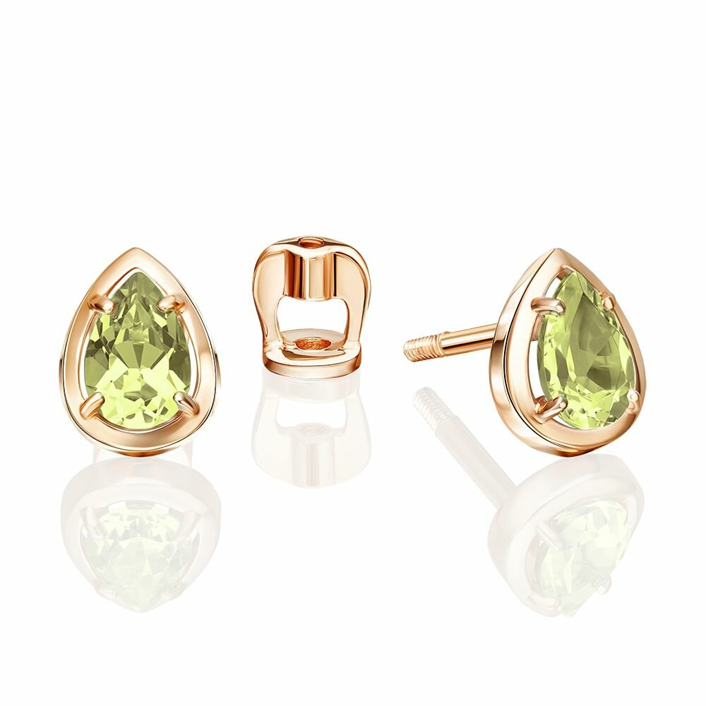 Серьги пусеты, красное золото, 585 проба, хризолит
