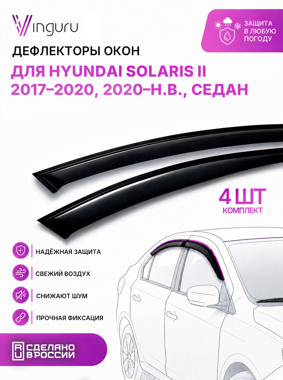 Дефлекторы окон для HYUNDAI Solaris II 2017-2020,2020-н. в. седан Vinguru поликарбонат 4 шт. / Хендай Солярис