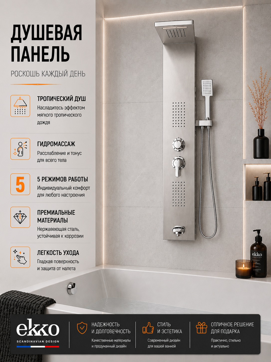 Душевая панель с функцией гидромассажа EKKO MPM9070ST, цвет Сатин, тропический душ
