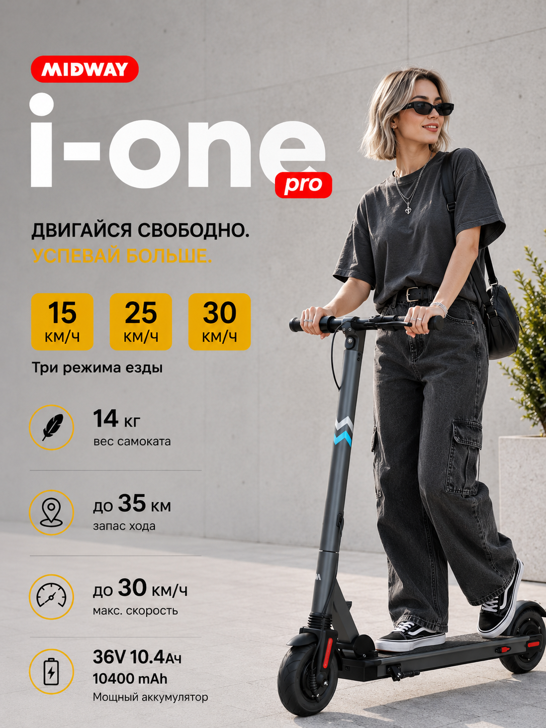 Электросамокат MIDWAY i-One PRO самокат электрический взрослый и подростковый, серый