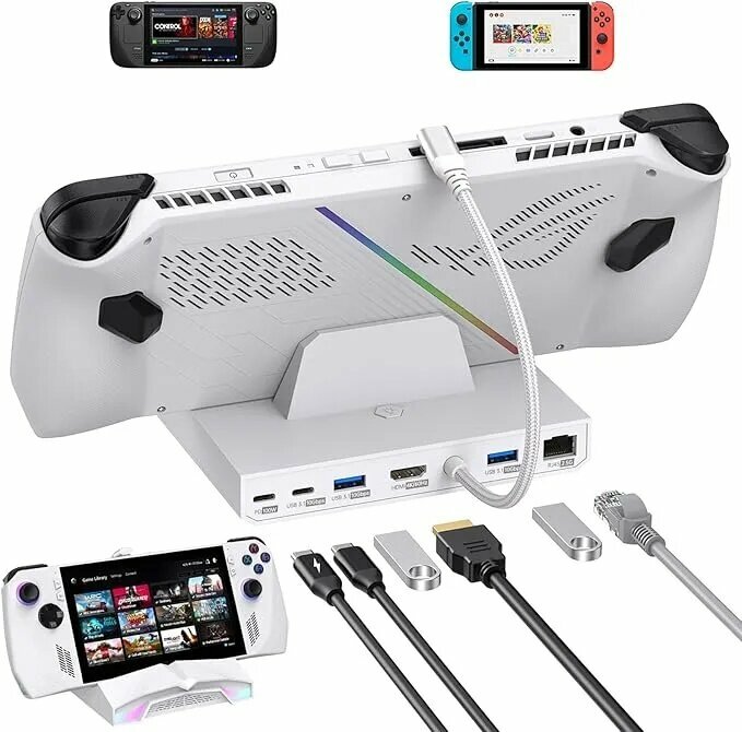 Hagibis Док-станция USB-C для Steam Deck, ROG Ally, Lenovo Legion Go, Switch, AYANEO, игровой концентратор Type-C с RGB-подсветкой, зарядка 100 Вт