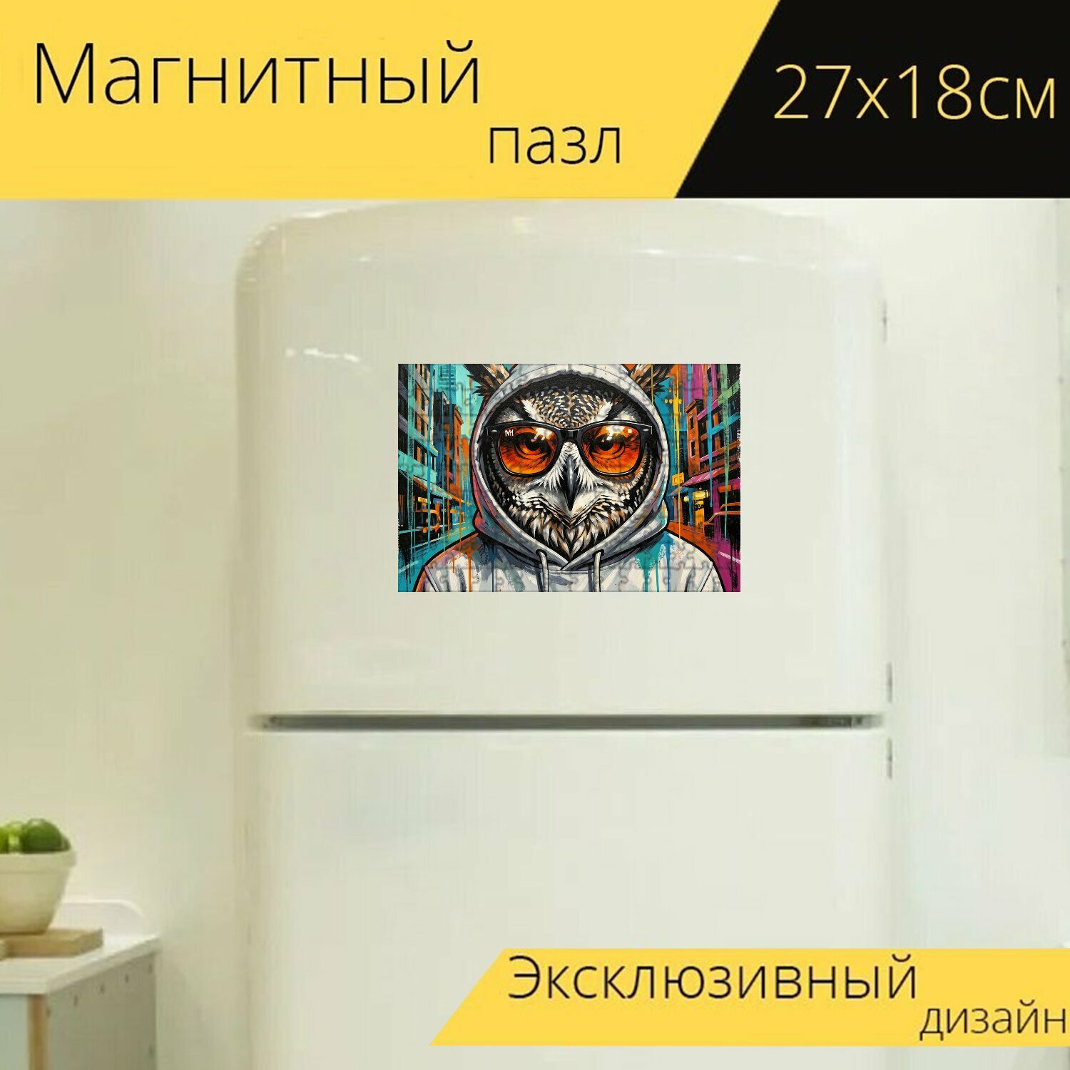 Магнитный пазл "Сова в худи и очках. Яркая неоновая иллюстрация с мудрой птицей в капюшоне и оранжевых линзах на фоне городских зданий. Стрит-арт." на холодильник 27 x 18 см.