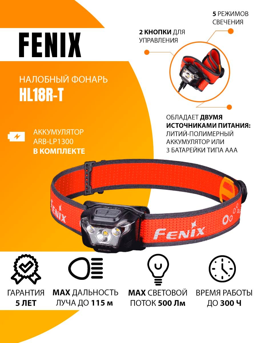 Фонарь налобный аккумуляторный светодиодный Fenix HL18RT, 500 лм