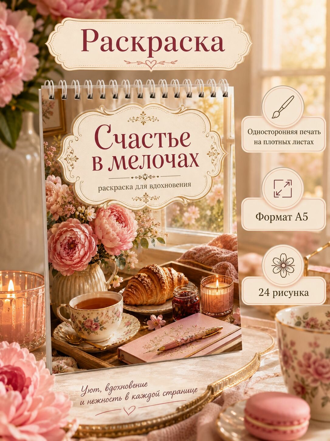 Раскраска антистресс для взрослых, для девочек Счастье в мелочах