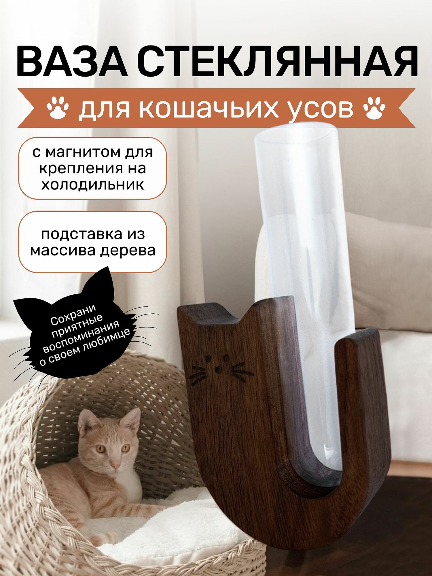 Прозрачная стеклянная ваза для Кошачьих усов с магнитом