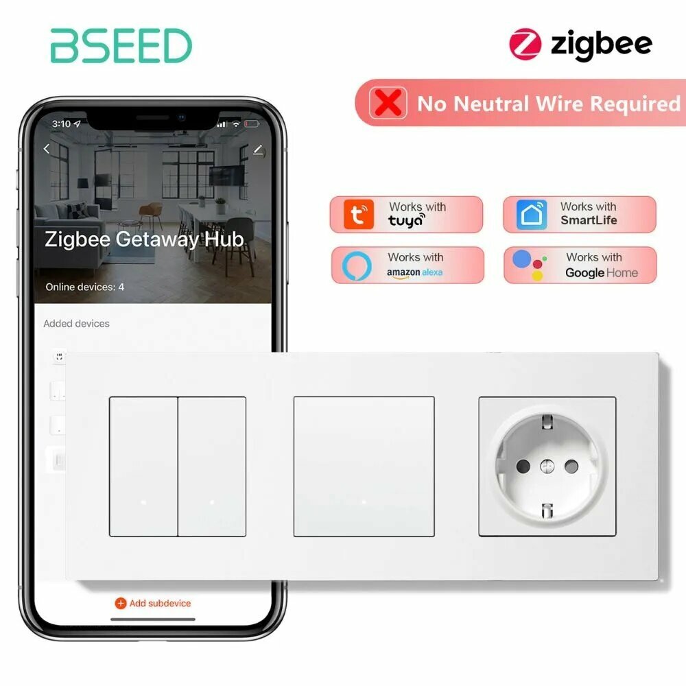 Умный выключатель Без нуля c Алисой, Легко нажать, ZIGBEE, 3 поста (2+1+ розетка), пластиковая рамка, 228mm