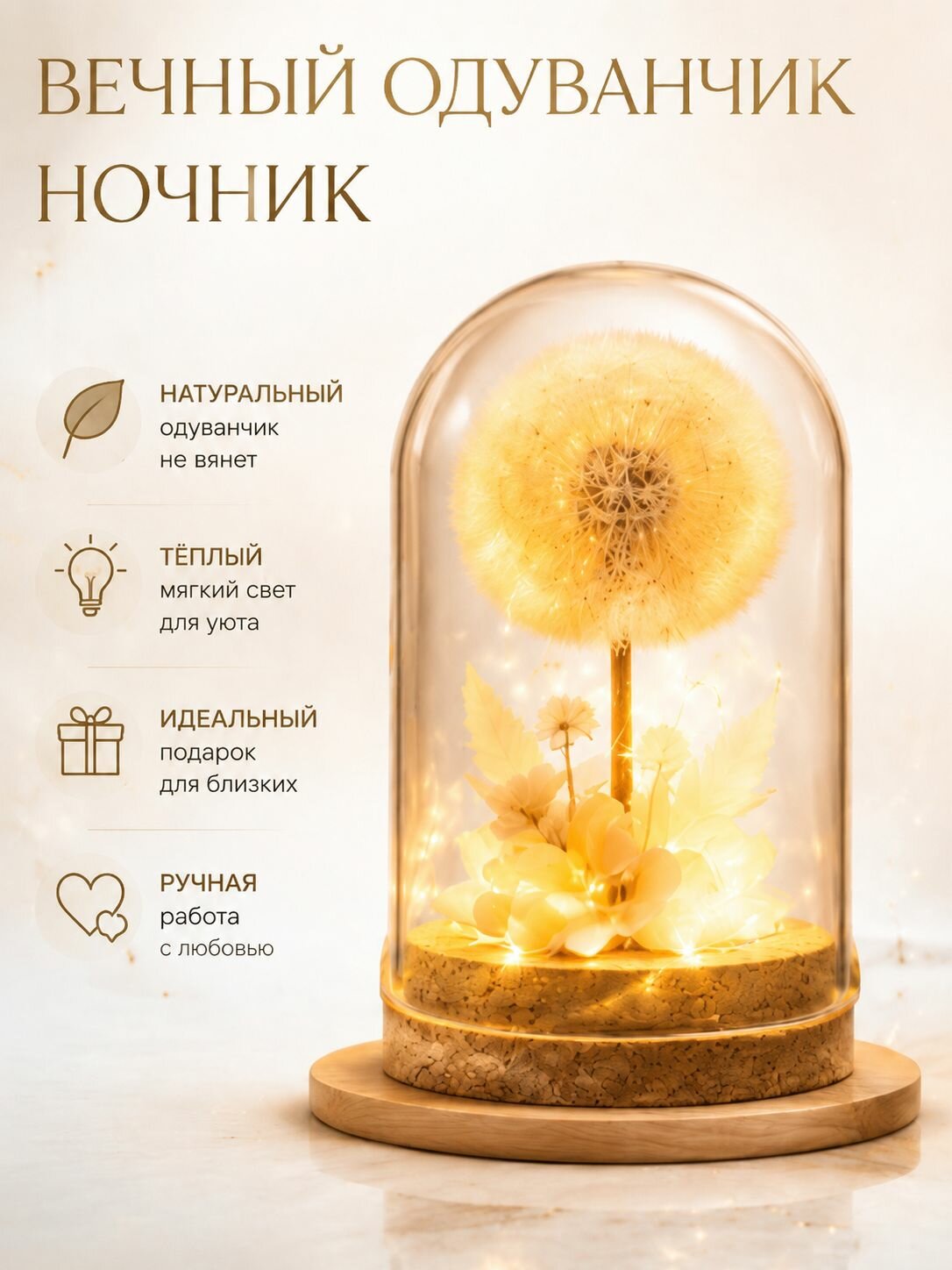 Стабилизированный цветок в колбе с подсветкой