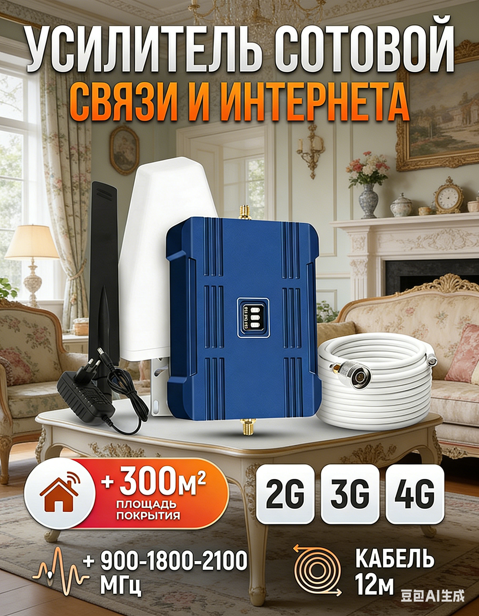 Усилитель сотовой связи 900/1800/2100 МГц (2G/3G/4G): до 70 км, направленный, синий, 1.3 кг
