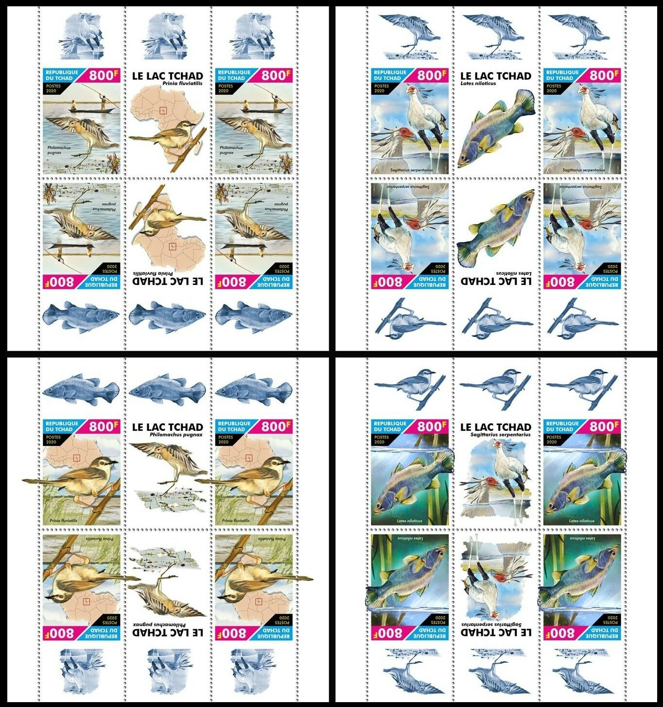 Марки 2020 год Чад Озеро Водяные птицы Рыбы Фауна #4096-4103 ! 4 Целых листа MNH
