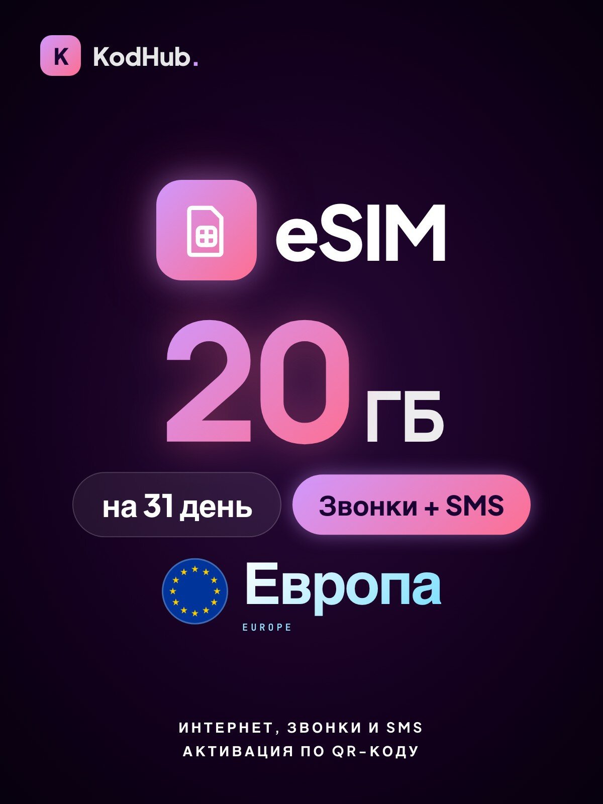 Туристическая eSIM Европа 20 ГБ + звонки + SMS на 31 день | связь в поездке без роуминга