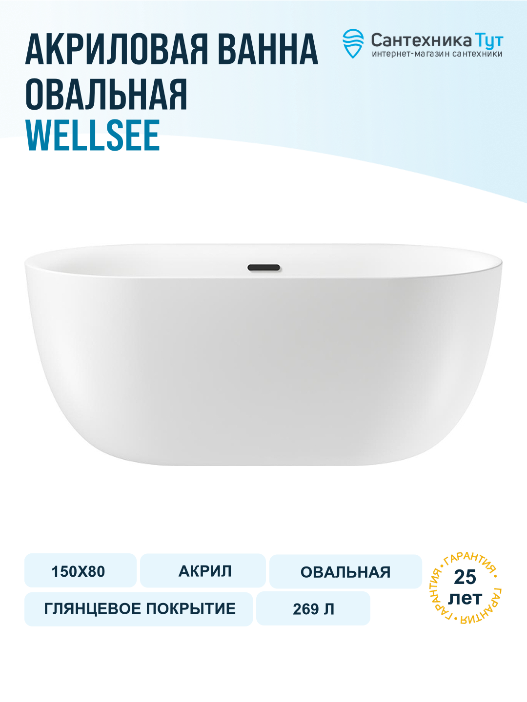 Акриловая ванна Wellsee Chic Riviera 149х78 236801003 цвет Белый глянцевый Черный матовый