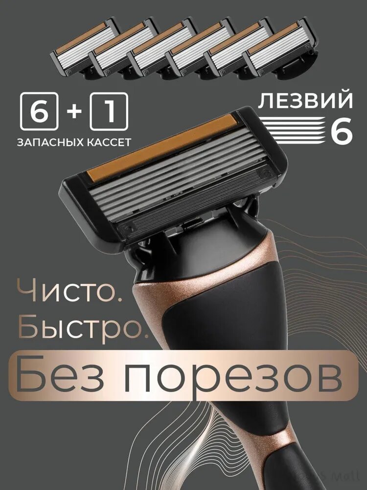 Бритва для мужчин, станок для бритья многоразовый с увлажняющей полоской, 6 лезвий и 7 запасных кассет в комплектеaqua