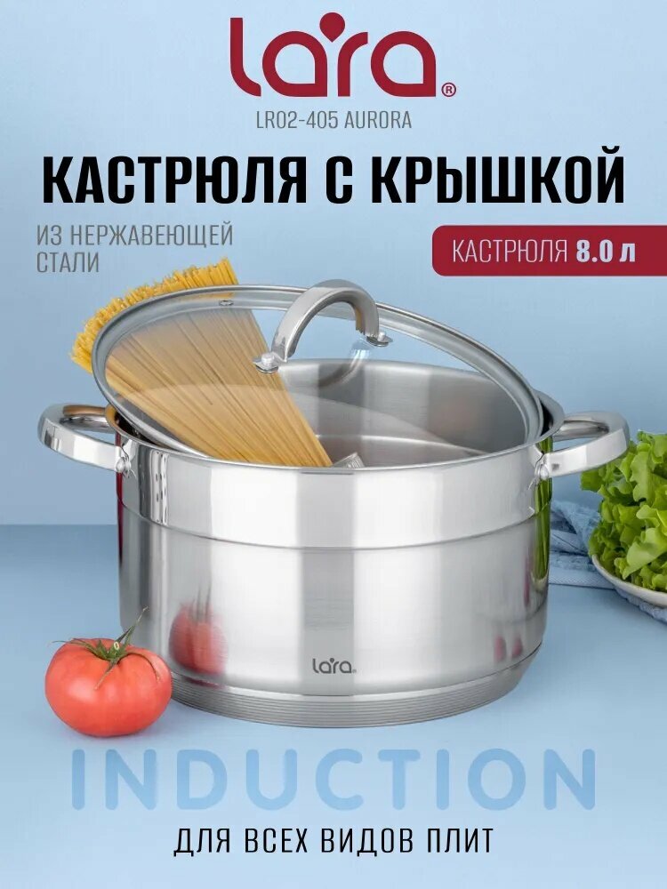 Кастрюля с крышкой 8 л LARA Aurora из нержавеющей стали, для всех видов плит, в т. ч. индукционных плит LR02-405