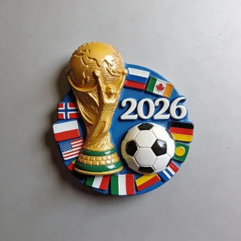 Магнит на холодильник Чемпионат мира по футболу 2026, сувенир с Кубком мира и флагами США, Канады, Мексики