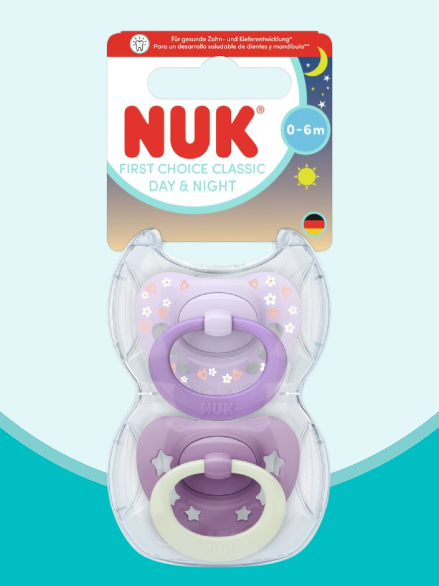 NUK Соски пустышки 0-6 месяцев, 2 штуки в контейнере FC CLASSIC D&N