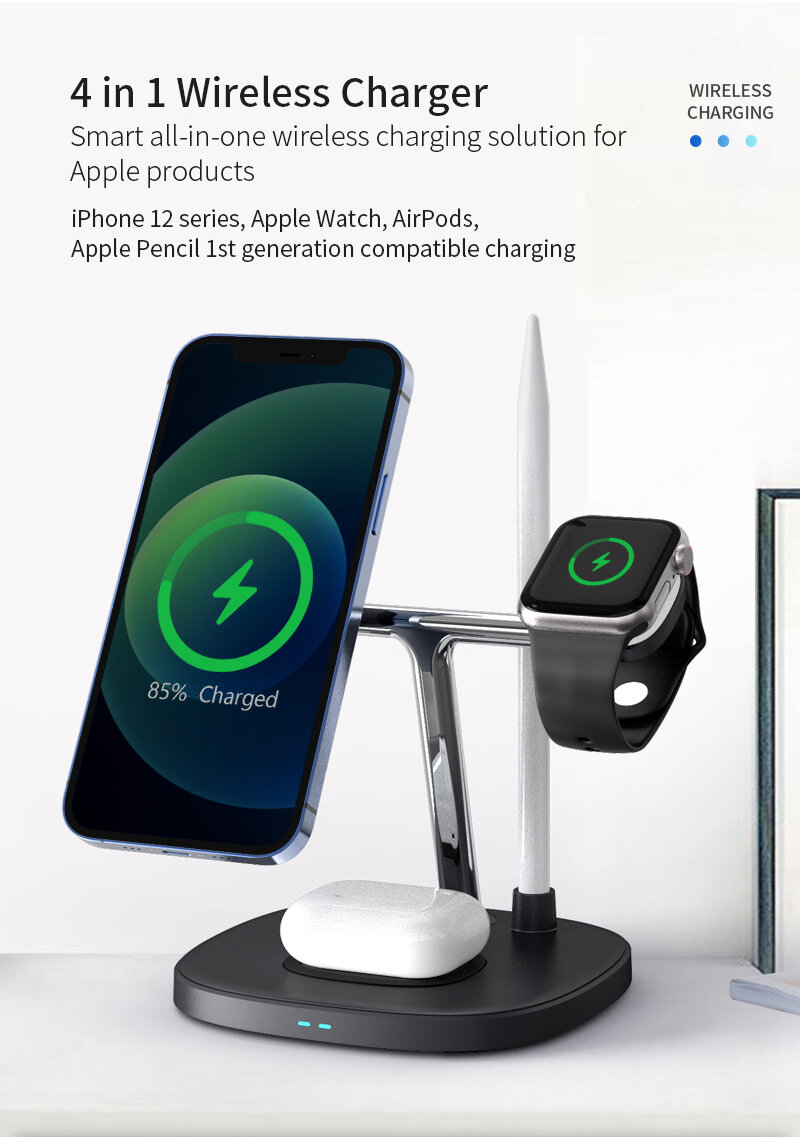 Беспроводная зарядная станция для Apple, Yesido DS12 Wireless Charger 4-in-1, 15W + Кабель USB to Type-C, Черный+Белый