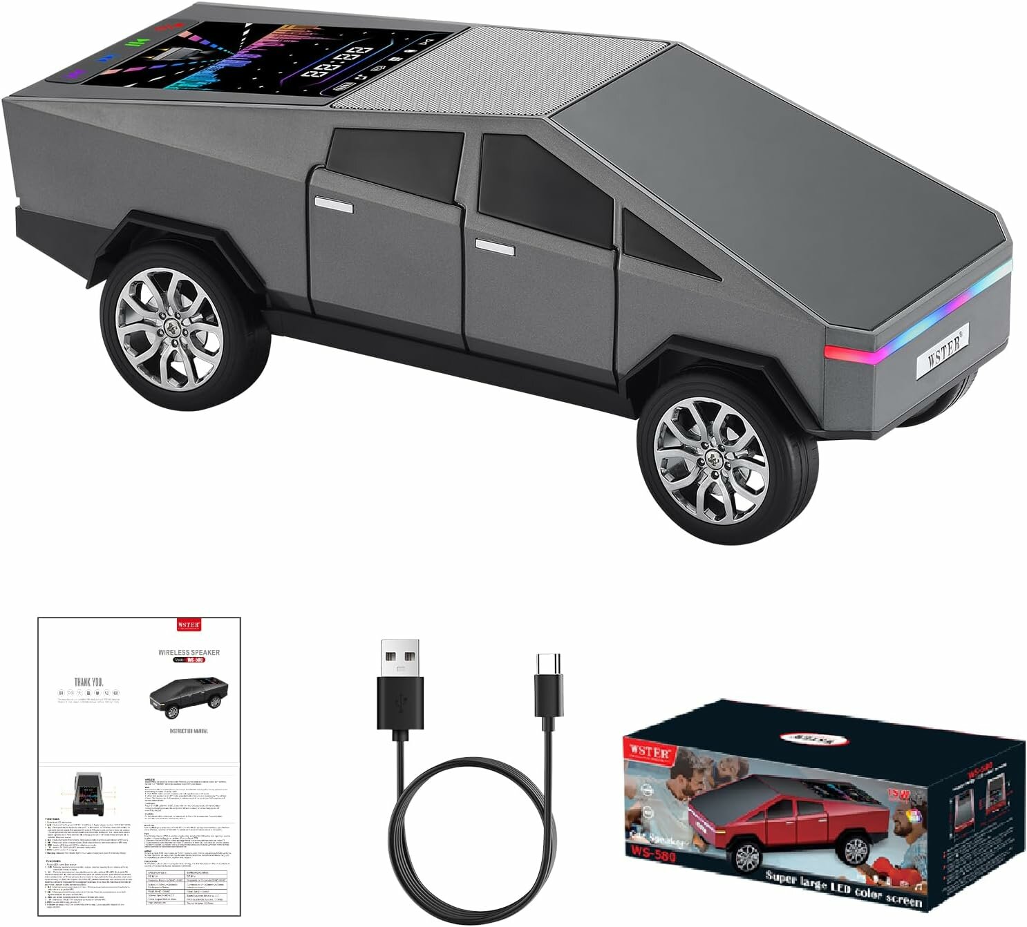 Портативная колонка WS-580, с дисплеем, Bluetooth, FM-радио, подсветка, серая