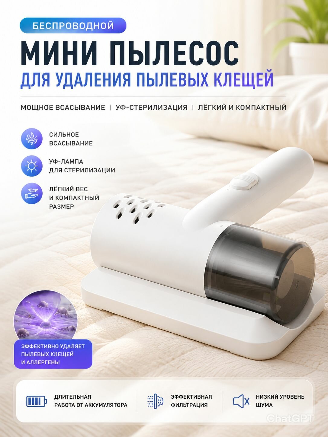 Пылесос от пылевых клещей, УФ лампа, Подходит для мебели и автомобилей