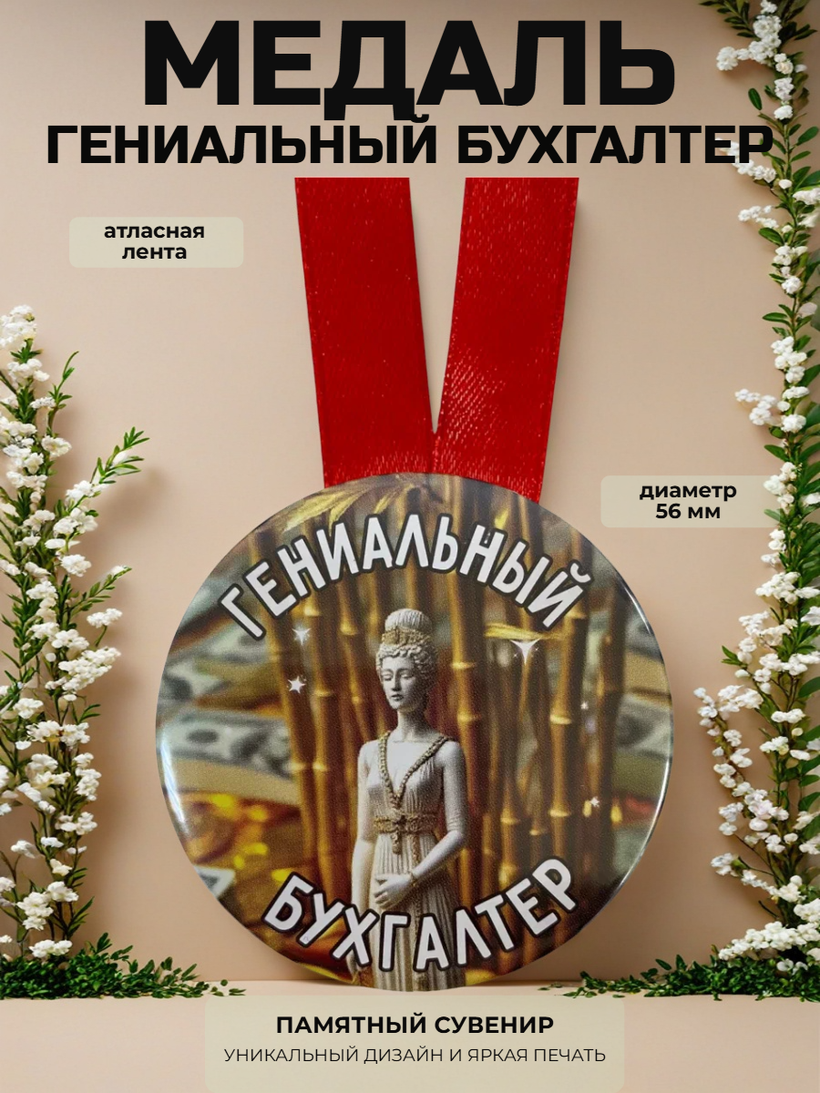 Медаль шуточная с атласной лентой "Гениальный бухгалтер", диаметр 56 мм, на подложке