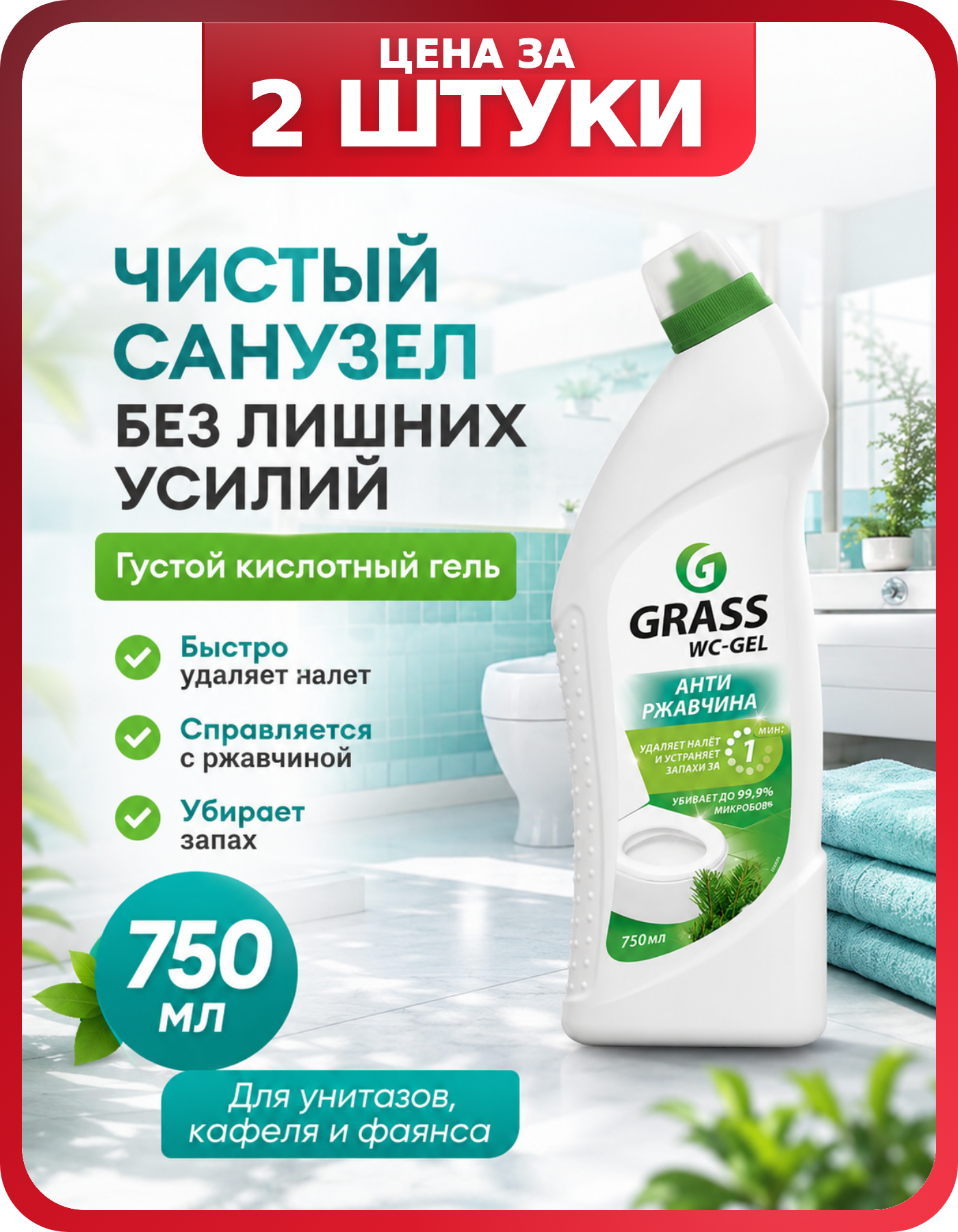 Гель для туалета GRASS WS-GEL с кислотой, 2 шт