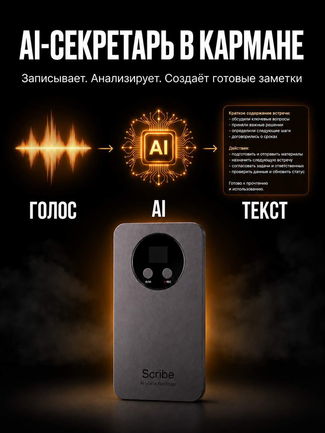 AI диктофон Scribe MagSafe, с расшифровкой речи, голосовой набор текста, 35 часов работы