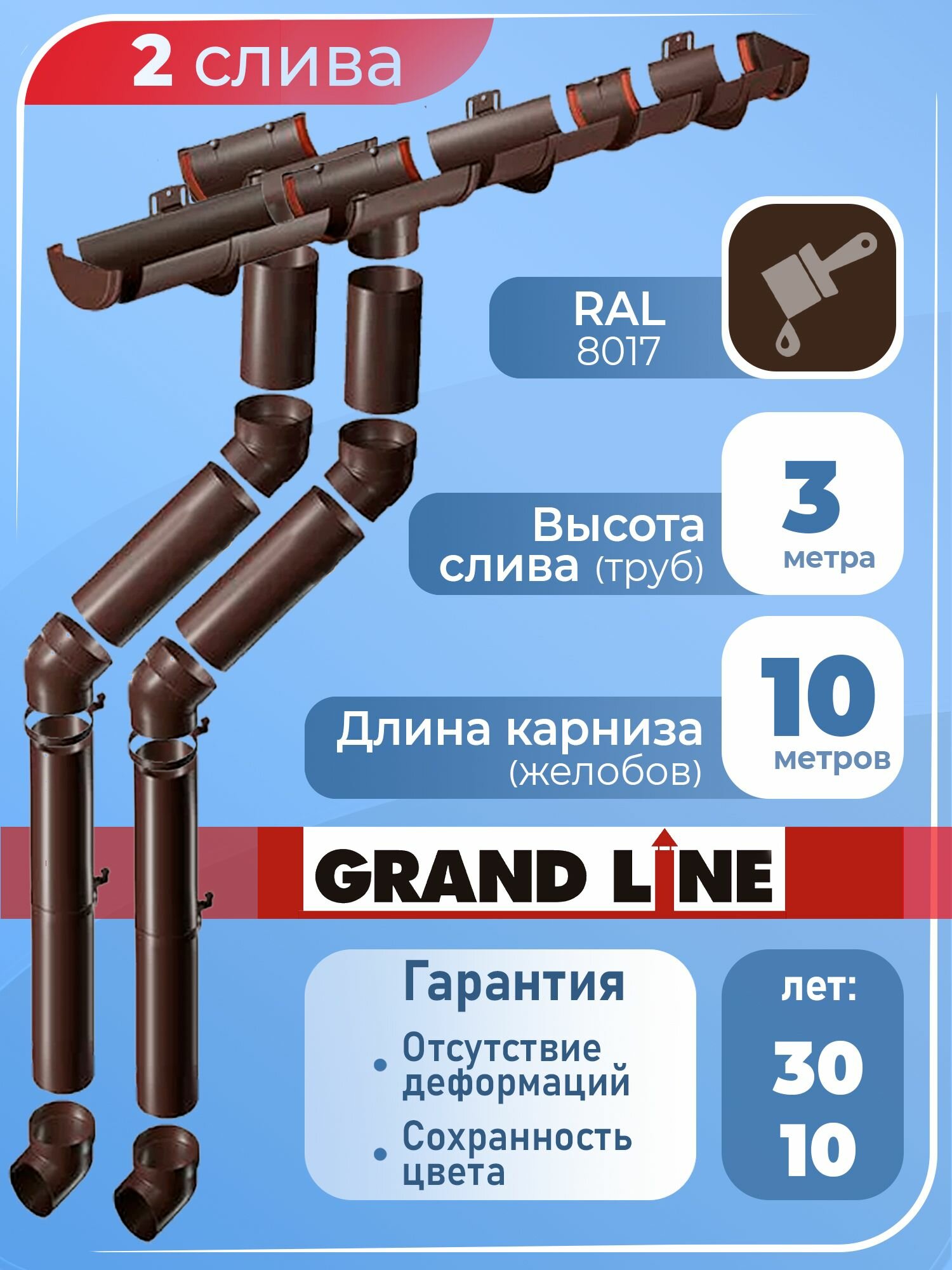 Grand Line Водосточная система ( длина 10 м по 1м / высота 3 м) 2 слива коричневый 2 слива , водосток для крыши пластиковый Гранд Лайн ( 120 мм/ 90 мм) комплект элементов ПВХ